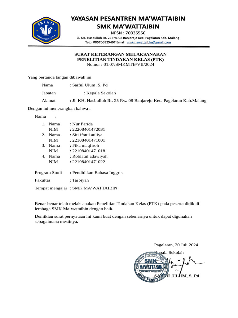 Surat Keterangan Melaksanakan PTK | PDF