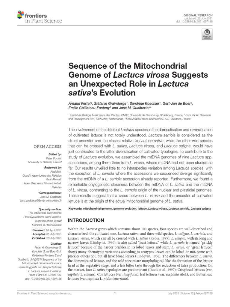 Sequence of The Mitochondrial Genome of Lactuca Virosa Suggests An Unexpected Role in Lactuca ...