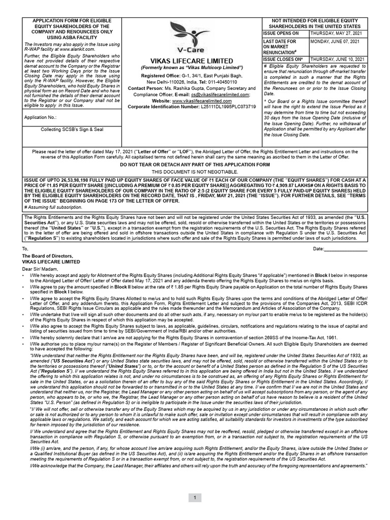 Application Form - Vikas Lifecare LTD | PDF
