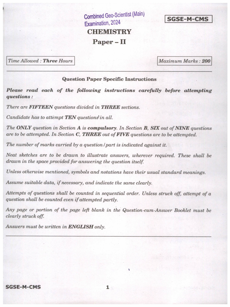 QP Cgsmain 24 Chemistry Paper II 240624 | PDF