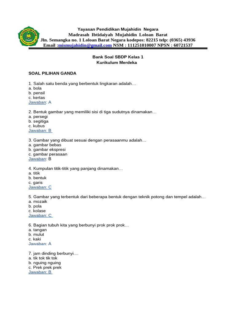 SOAL SENI RUPA KELAS 1 SD KURIKULUM MERDEKA Versi 2 | PDF