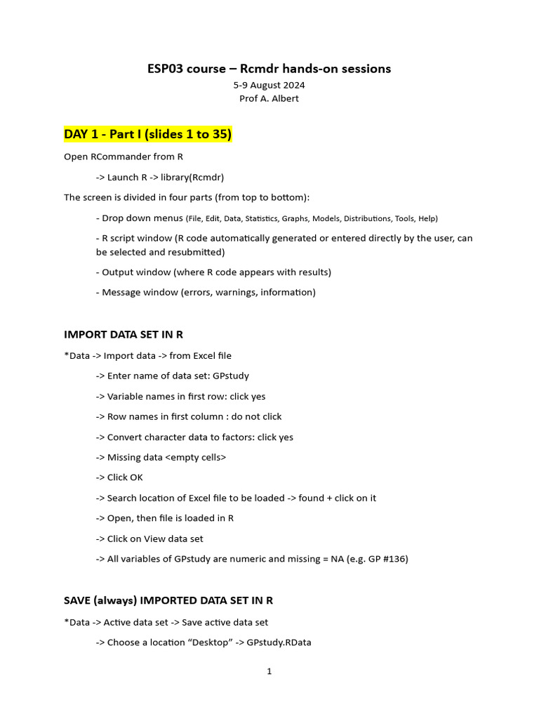 ESP03 Course - Use of RCMDR (Day 1) | PDF