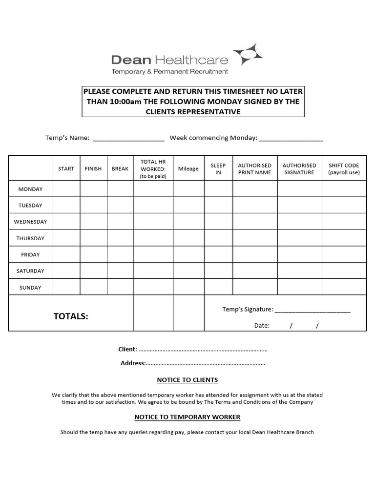 Dean Healthcare Timesheet | PDF