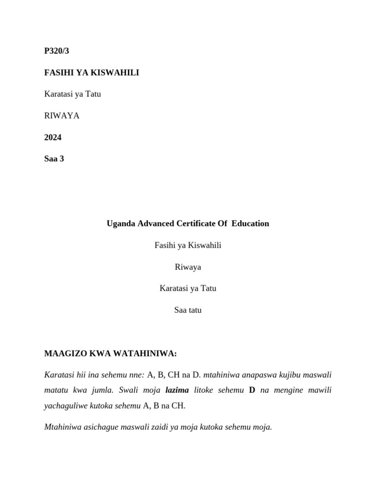 Kiswahili 3 S.6 Mocks Kammsa 2024 | PDF