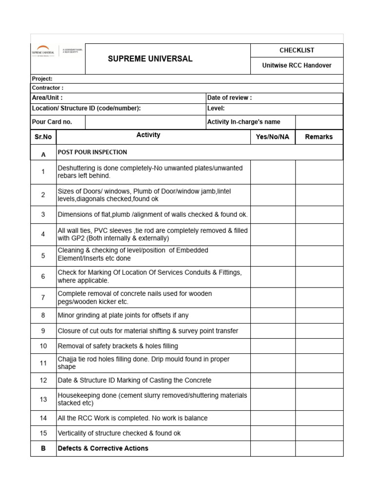 Unit Wise RCC Handover Checklist | PDF