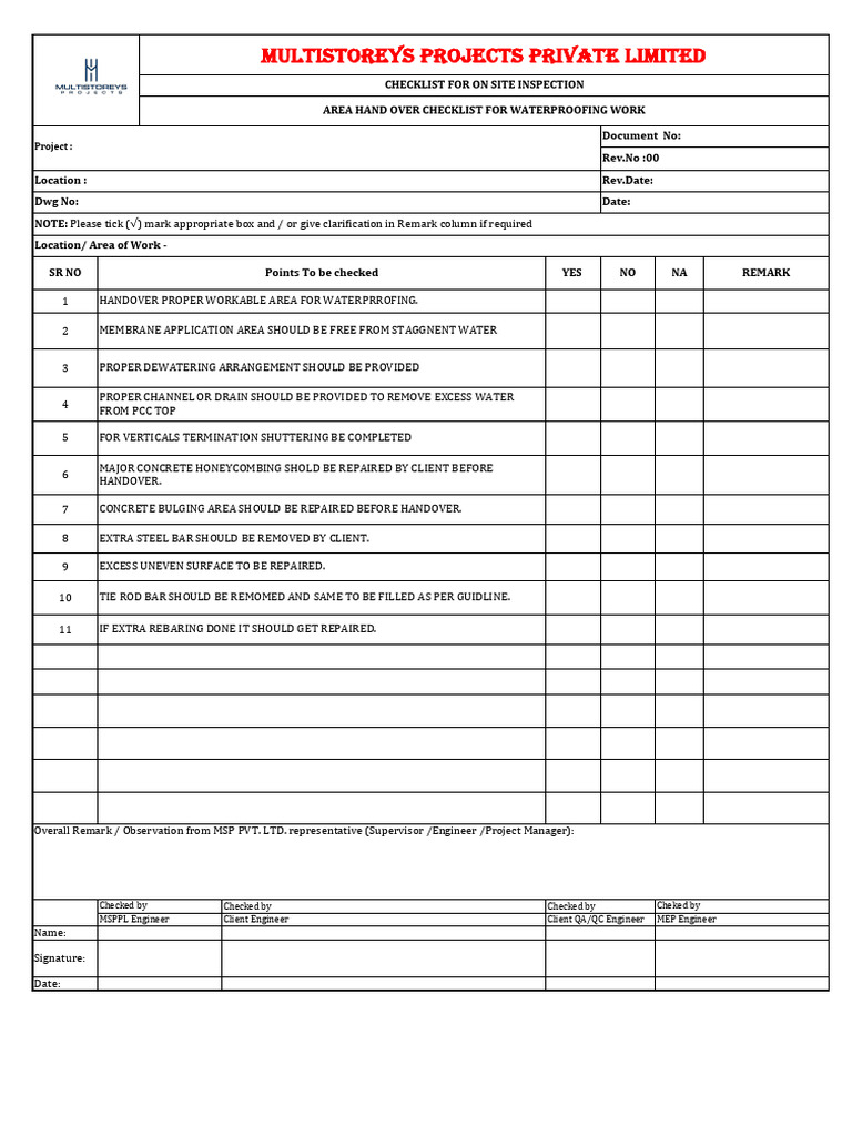 Checklist for Basement Waterproofing Work | PDF