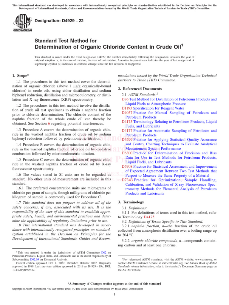ASTM-D4929-22 Determination of Organic Chloride Content in Crude Oil via EDX | PDF