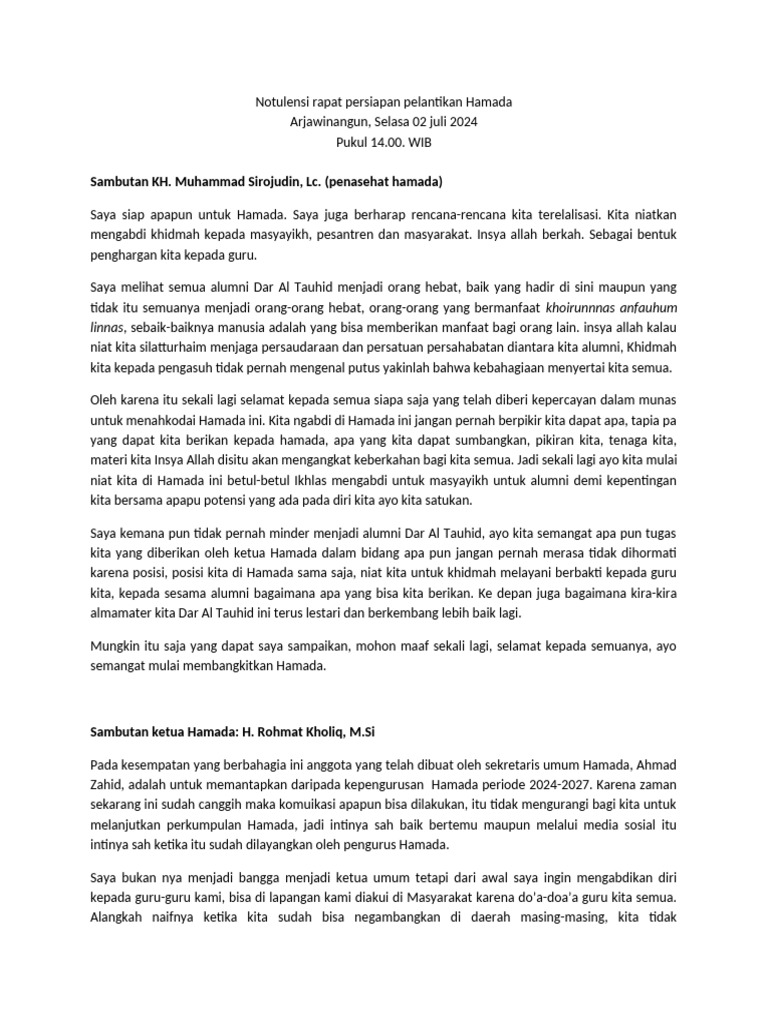 Notulensi Rapat Persiapan Pelantikan Hamada | PDF