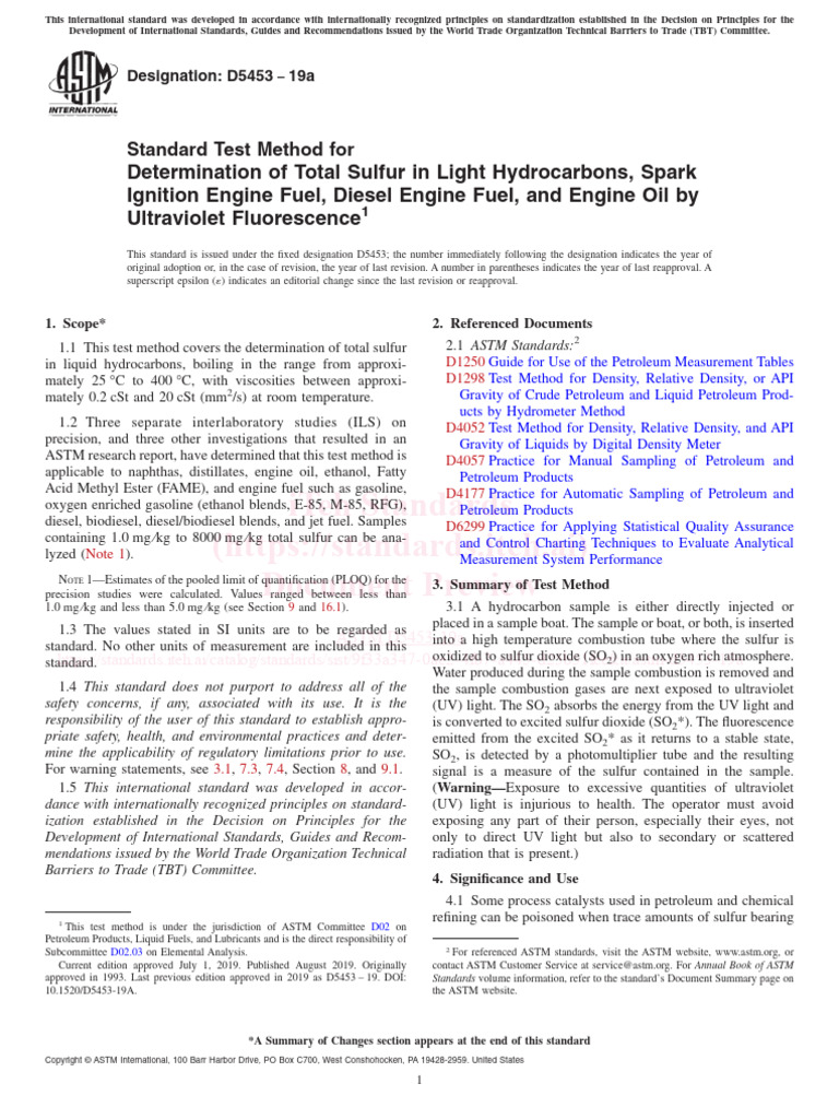 ASTM-D5453-19a Determination of Total Sulfur by UV Florescense | PDF
