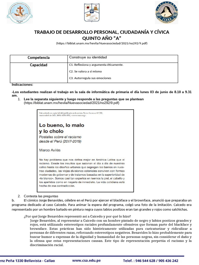 TRABAJO DPCC QUINTO ANO A 03 Junio | PDF