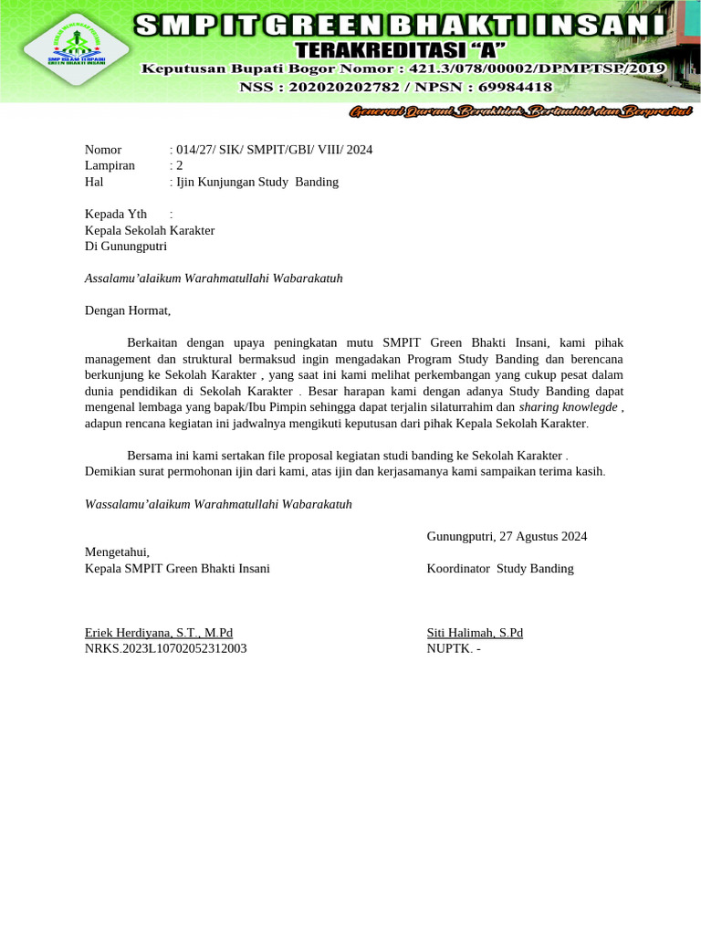 Surat Pengajuan Ijin Studi Banding Tanpa COP | PDF