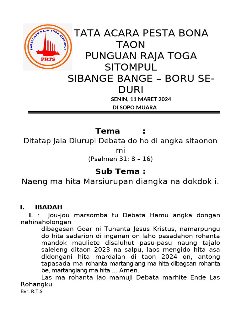Tata Acara Pesta Bona Taon Punguan Raja Toga Sitompul Sibange Bange | PDF