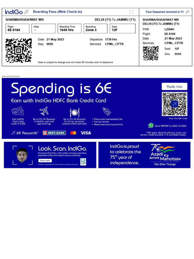 6E 6184 1645 Hrs Zone 3 12F: Boarding Pass (Web Check In) | PDF