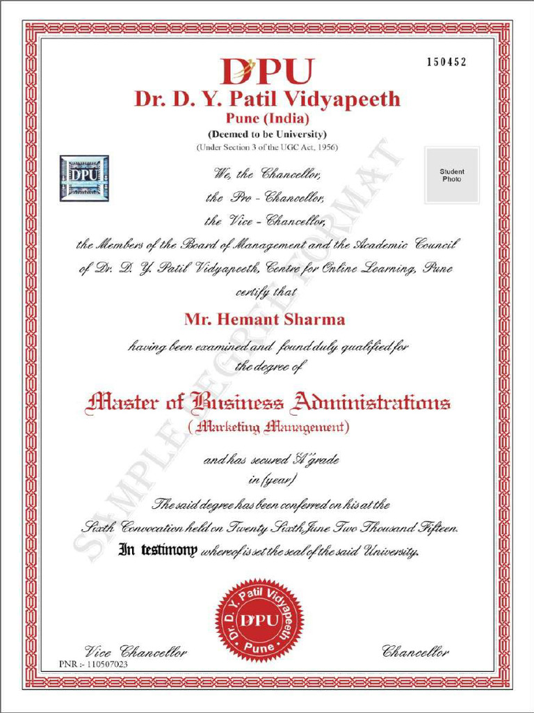 DY Patil Pune Sample Certificate | PDF