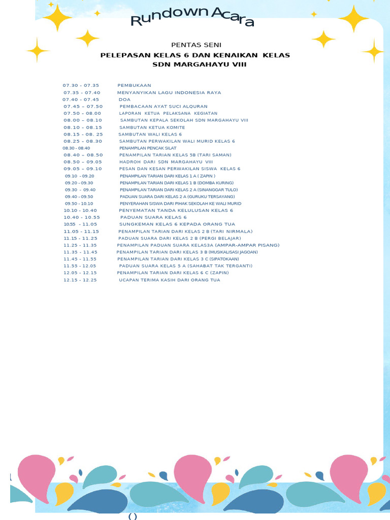 Rundown Acara Perpisahan Kls 6 Dan Kenaikan Kelas | PDF