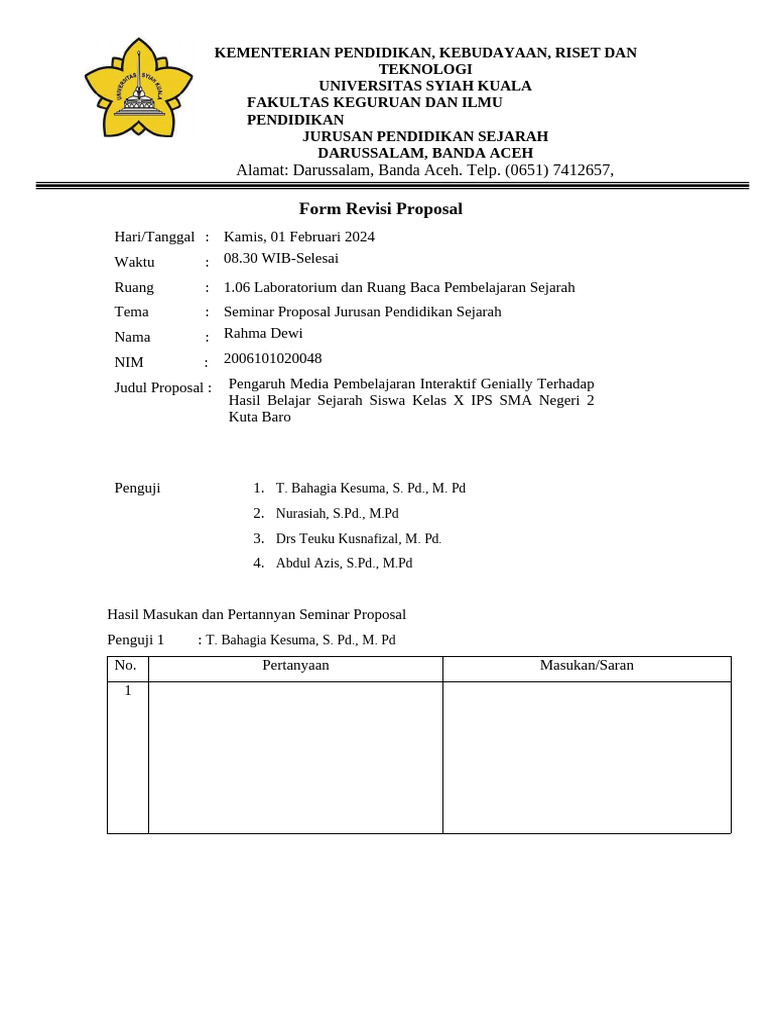 Form Revisi Proposal Rahma | PDF