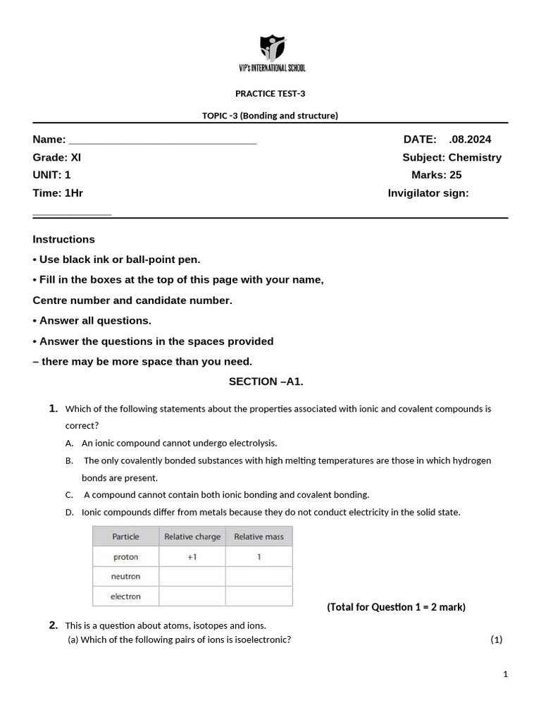 Practice Test-2 Grade11 Chemistry | PDF