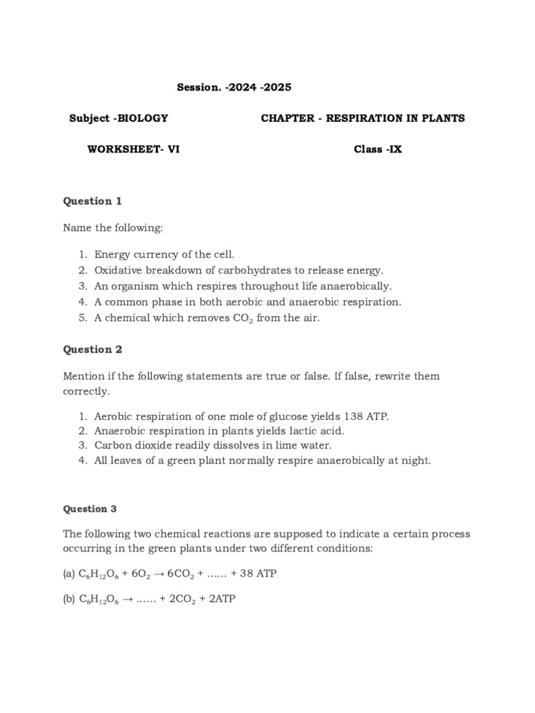 Respiration in Plants Worksheet | PDF