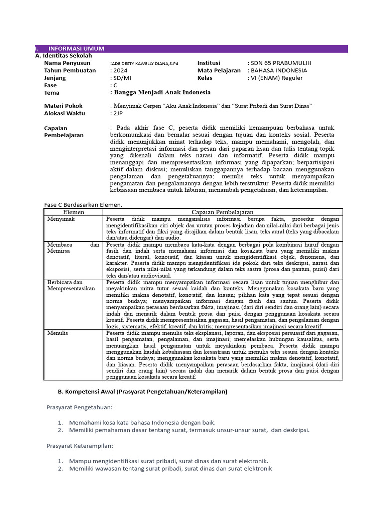 Modul Ajar Bahasa Indonesia Kelas 6 (Ade DEsty Kawelly Diana, S.PD) | PDF