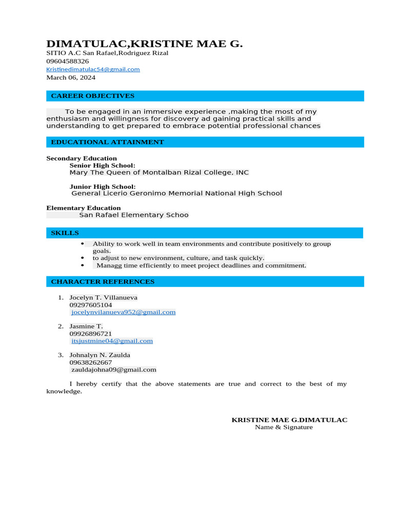 Resume and Application Letter (Kristine) | PDF