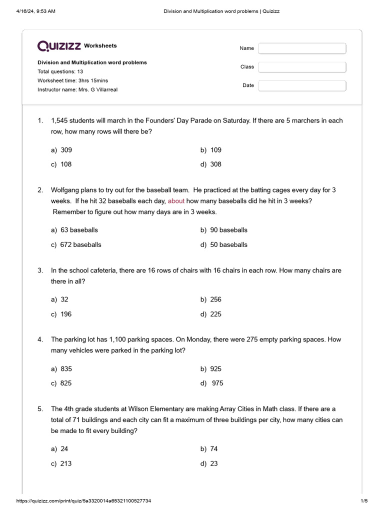 Division and Multiplication Word Problems - Quizizz - 4 | PDF