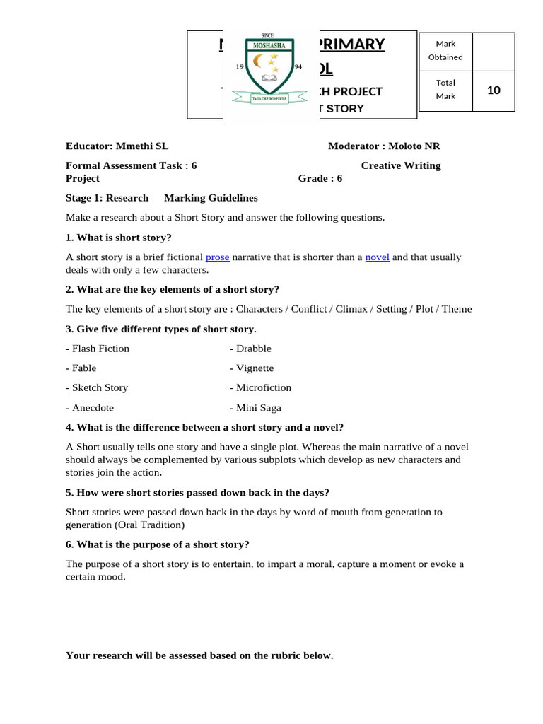 Grade 6 Short Story Project | PDF