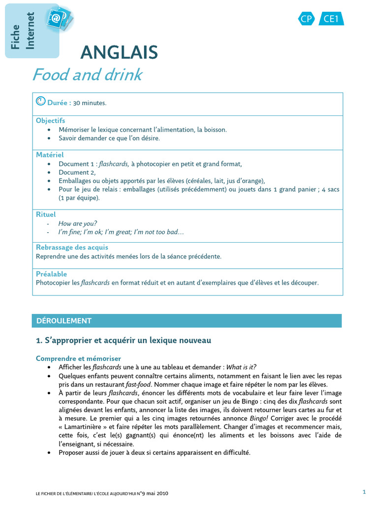 ANGLAIS The Food - CP CE1 | PDF