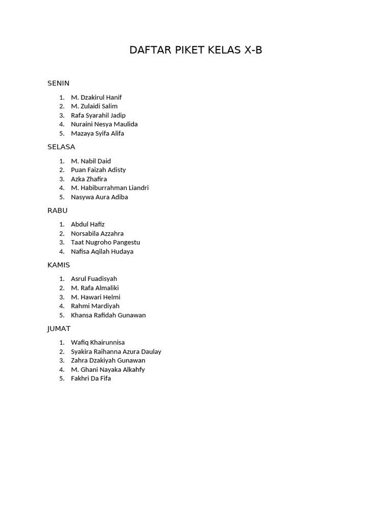 Daftar Piket Kelas X | PDF