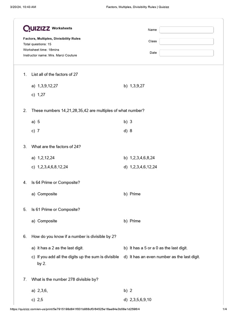 Quizizz - Factors, Multiples, Divisibility Rules | PDF