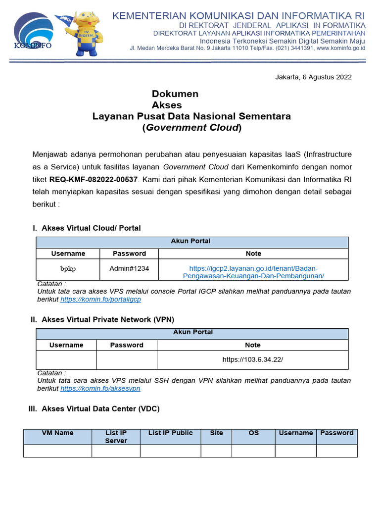 Dokumen Akses Layanan Pusat Data Nasional Sementara (Government Cloud) | PDF