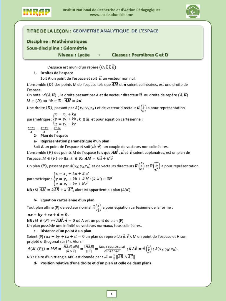 MATHS - 1ere C-D - GEOMETRIE ANALYTIQUE DE LESPACE | PDF
