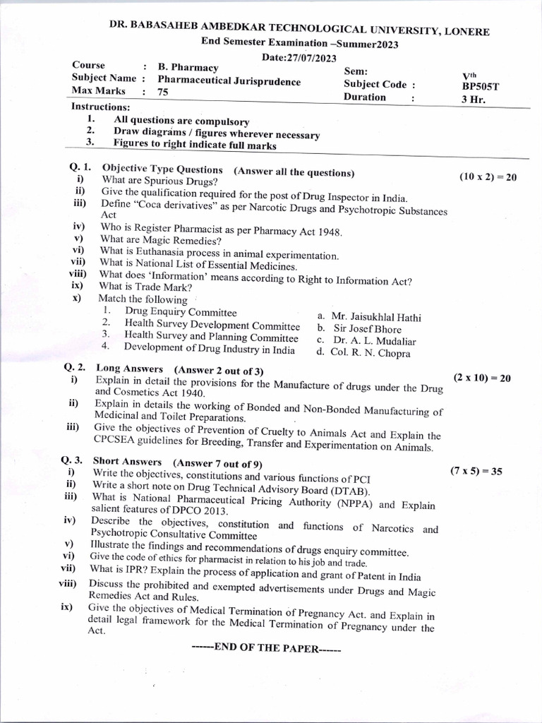 Question Paper of B. Pharmacy (DBATU) | PDF