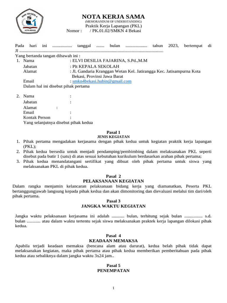 PKL MoU: SMKN 4 Bekasi Partnership | PDF | Law