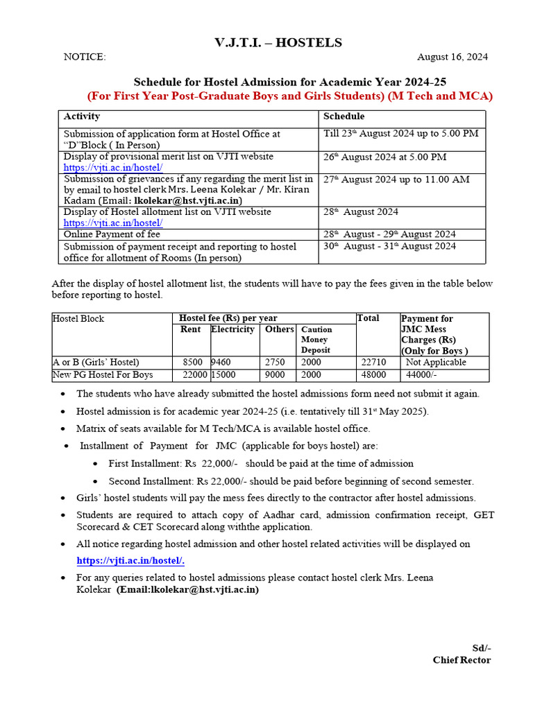 Hostel Admission 2024 25 First Year Mtech Mca | PDF