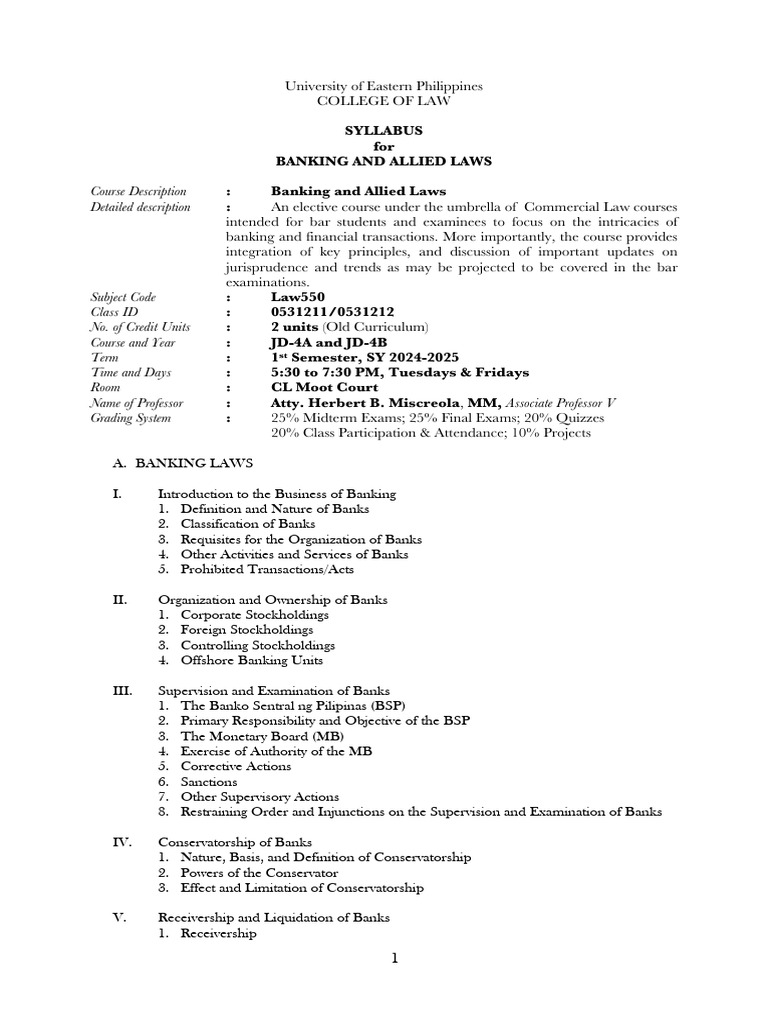 SYLLABUS. Banking and Allied Laws. SY2425 | PDF