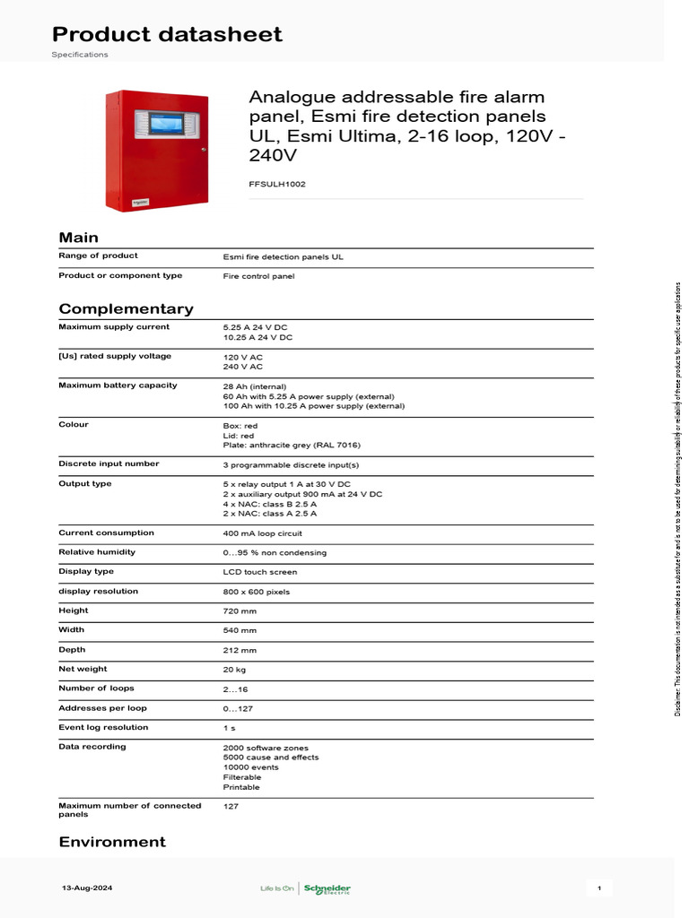 Schneider Electric - Esmi-Fire-Detection-Panels-UL - FFSULH1002 | PDF