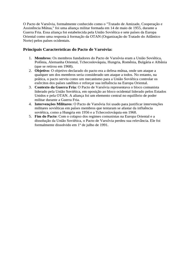 Pacto de Varsóvia: Aliança Militar da Guerra Fria | PDF | Política