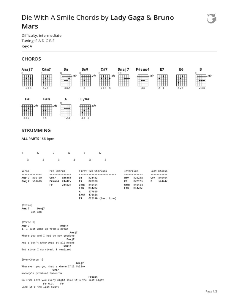 Die With A Smile Chords by Lady Gagatabs at Ultimate Guitar Archive ...