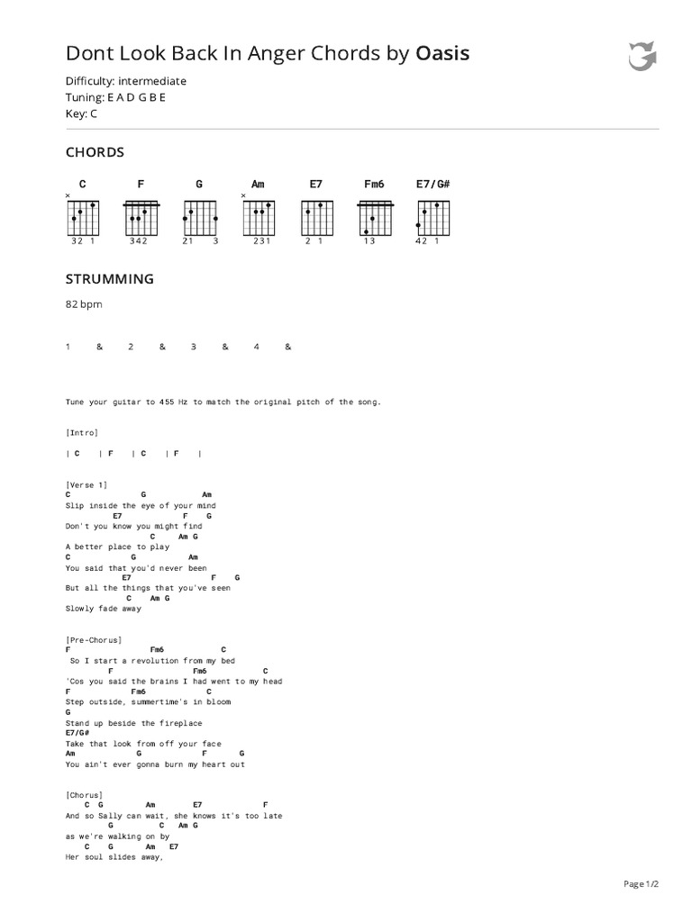 Dont Look Back in Anger Chords by Oasistabs at Ultimate Guitar Archive | PDF | Song Structure ...