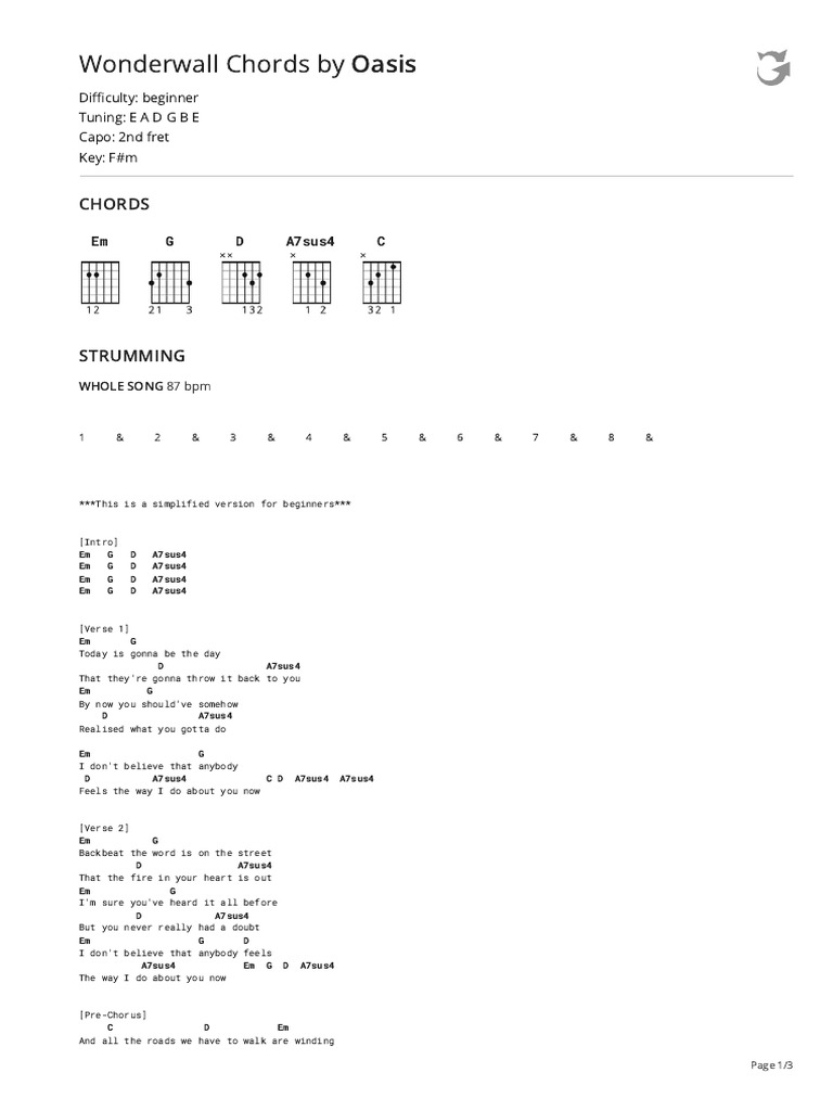 Wonderwall Chords (Ver 2) by Oasistabs at Ultimate Guitar Archive | PDF