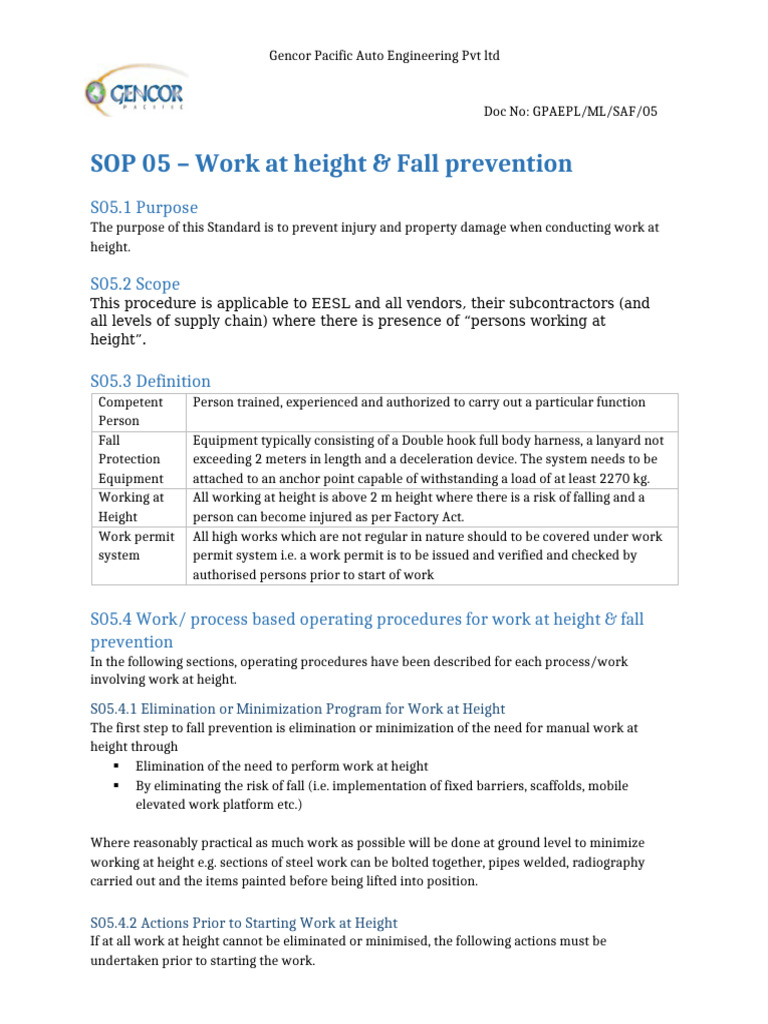 SOP for Work at Height | PDF