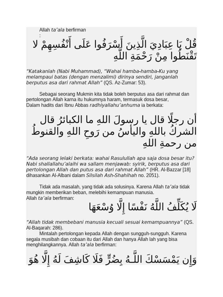 Jangan Berputus Asa Dari Rahmat Dan Pertolongan Allah | PDF