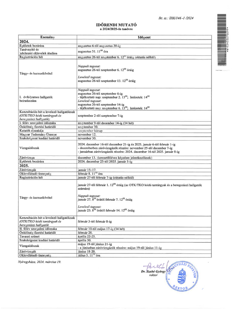Időrendi Mutató 2024 - 2025 Tanév 1 1 | PDF