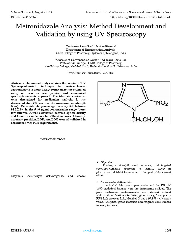 Metronidazole Analysis Method Development And Validation By Using Uv Spectroscopy Pdf