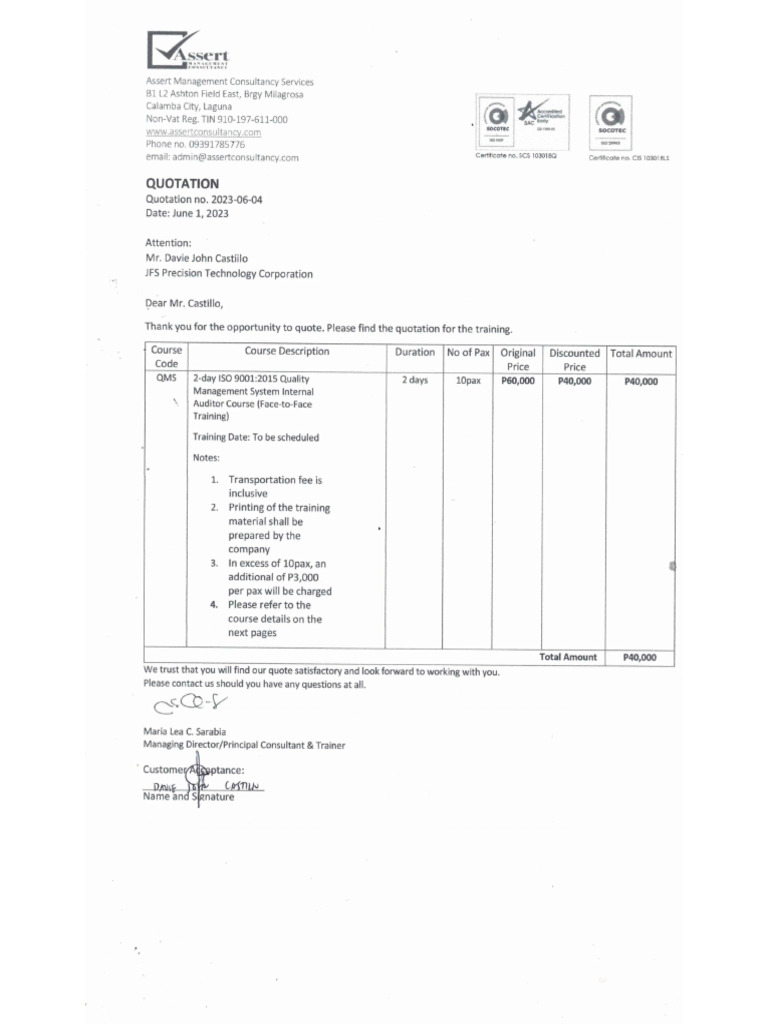 QUOTATION ACKNOWLEDGEMENT | PDF