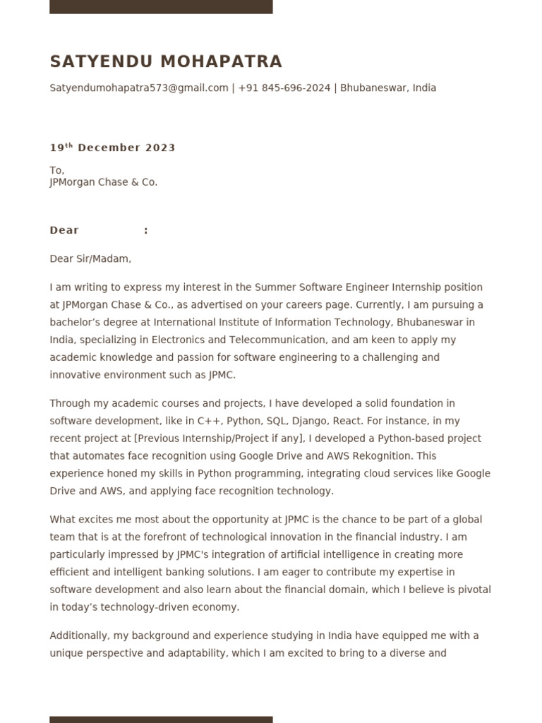 Cover Letter for JPMC Internship | PDF