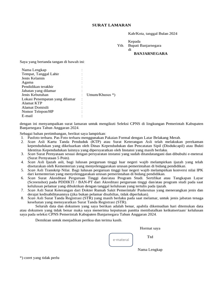 Format Surat Lamaran CPNS 2024 | PDF