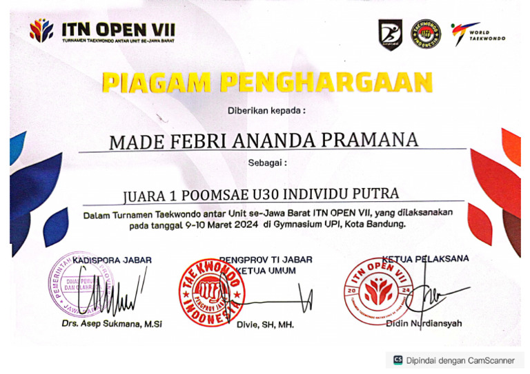 Sertifikat Juara ITN Open VII 2024 | PDF