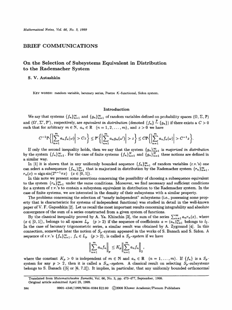 S. V. Astashkin - On The Selection of Subsystems Equivalent in Distribution To The Rademacher ...