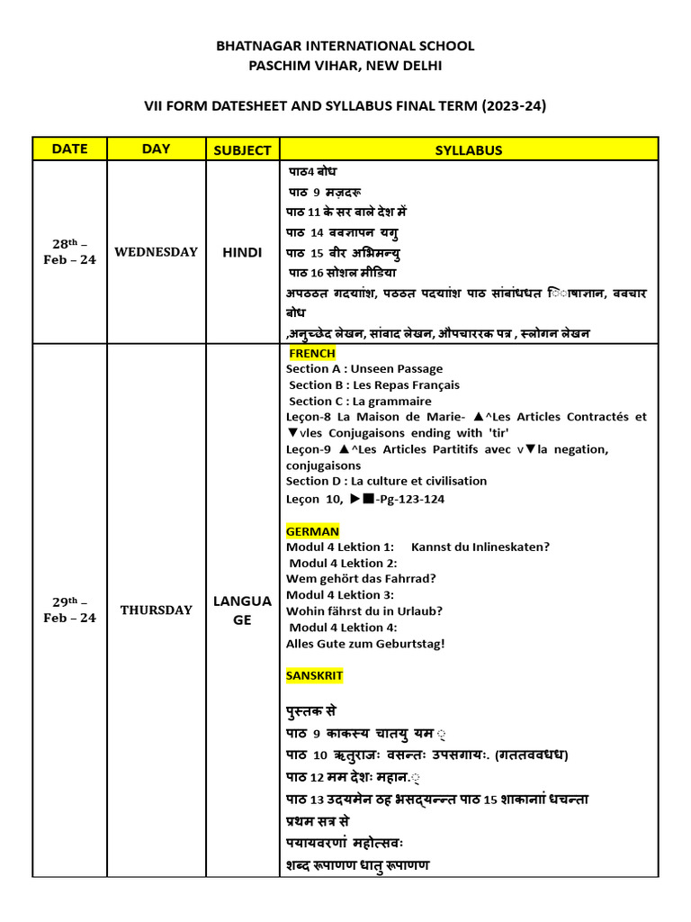 VII Term Datesheet & Syllabus 2023-24 | PDF